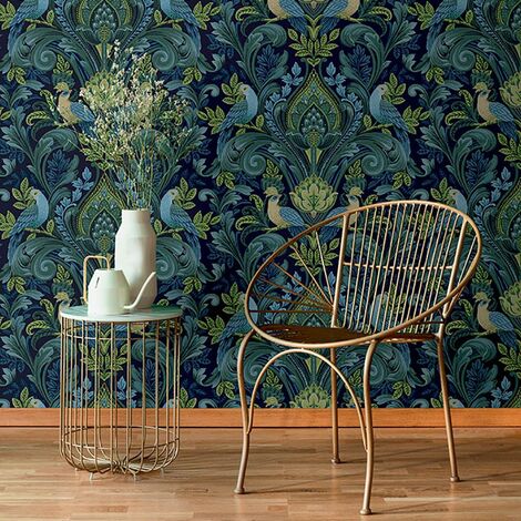 Grandeco Arcadia Green Wallpaper Birds Leaves Naturistic Textured Paste ...