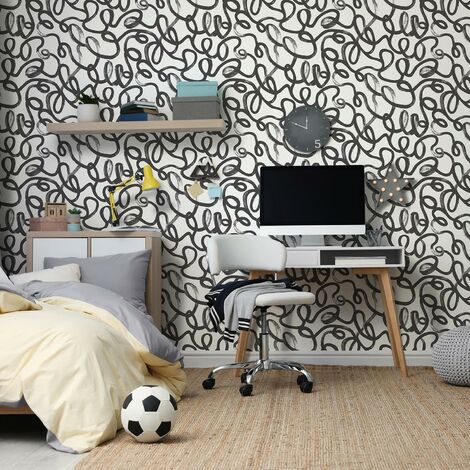 Holden Decor Squiggle Wallpaper Black White Modern Abstract Feature Wall