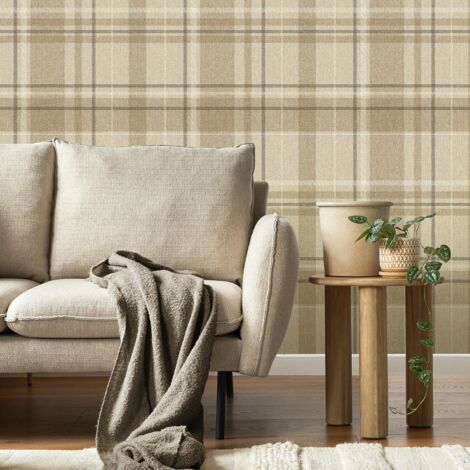 Crown Harris Tweed Herringbone Check Natural Wallpaper Luxury Fabric Effect