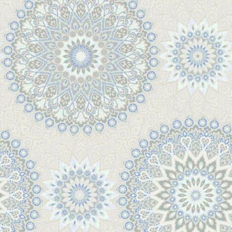 Holden Glitter Medallion Blue Cream Wallpaper Abstract Aztec Motif Textured