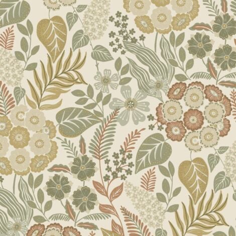 Grandeco Karuna Retro Flowers Green Orange Wallpaper Botanical Paste ...