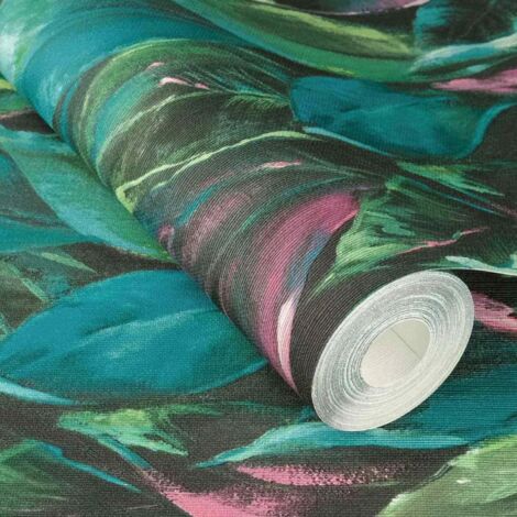 Tropical Leaf Jungle Wallpaper Teal Green Pink Dark Botanical Feature Wall