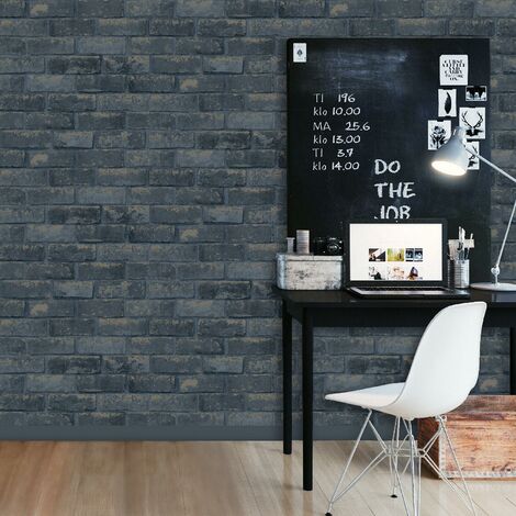 Debona Navy Brick Wallpaper Metallic Silver Modern Contemporary Feature ...