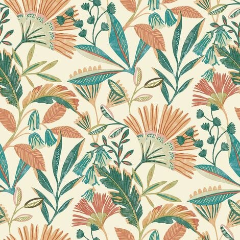 Grandeco Ciara Tropical Leaf Orange Green Wallpaper Botanical Paste The ...