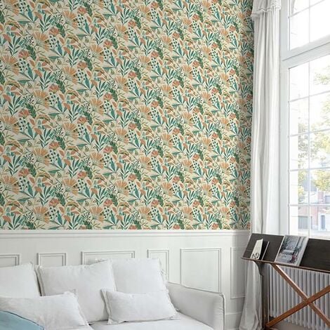 Grandeco Ciara Tropical Leaf Orange Green Wallpaper Botanical Paste The ...