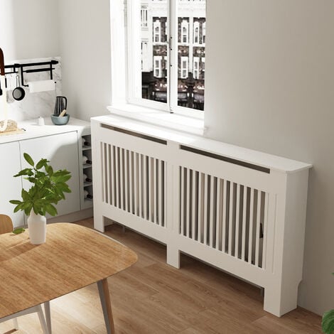 100cm Tall Radiator Cover Modern White Cabinet Vertical MDF Slats Wood ...