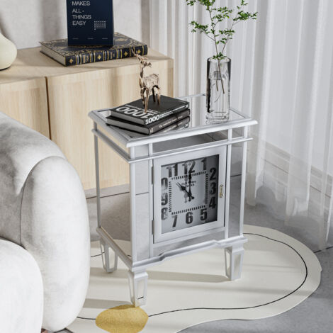 Modern Glass Nightstand Sofa Side Table Mirrored End Table with Clock