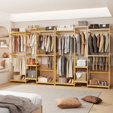 Large Bamboo Closet System Clothes Rack Hanging Clothes Wardrobe with 8 Storage Shelf