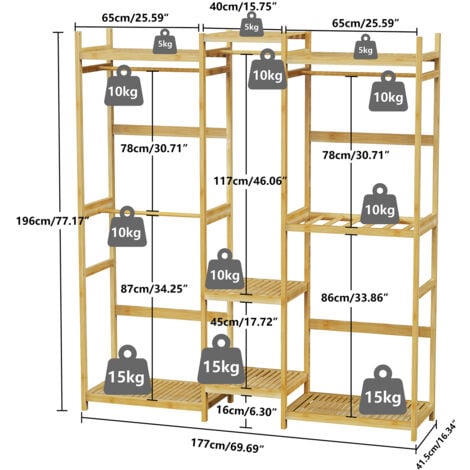 Large Bamboo Closet System Clothes Rack Hanging Clothes Wardrobe with 8 ...