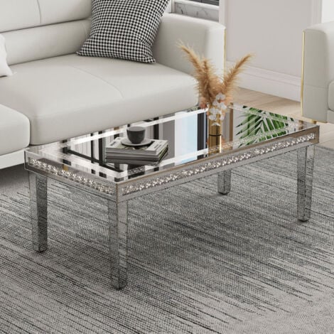 UNHO 120 x 60cm Large Silver Mirrored Coffee Table with Crystal Inlay ...