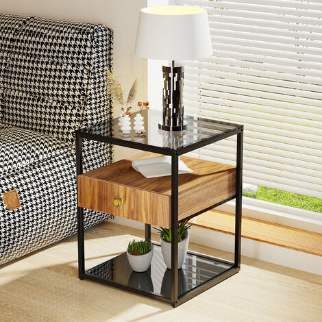 3 Tier Modern Night Stand Bedside Table with Storage Drawer Glass ...