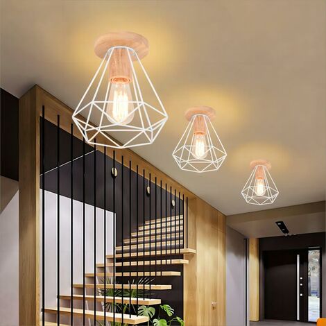 3 Pack Retro Diamond Ceiling Light Industrial Metal and Wood Cage E27 ...