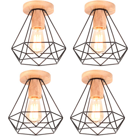 4 Pack Retro Diamond Ceiling Light Industrial Metal and Wood Cage E27 ...