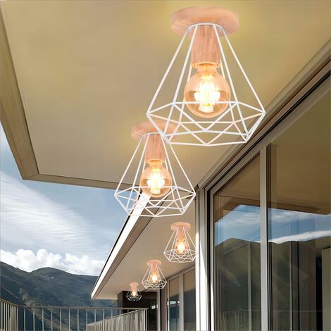 2 Pack Retro Diamond Ceiling Light Industrial Metal and Wood Cage E27 ...