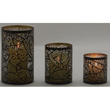 Photophore en métal laqué noir feuilles