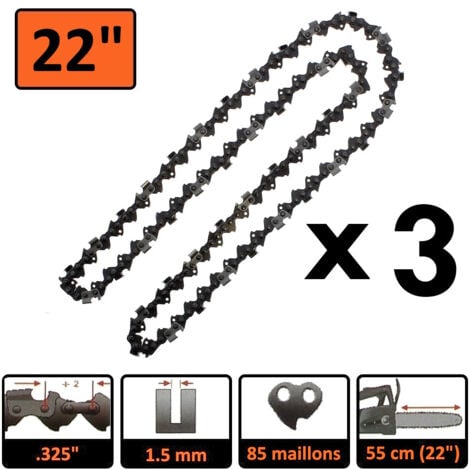 Guide 22 pouces (55 cm) avec lot de 3 chaînes 85 maillons pour tronçonneuse