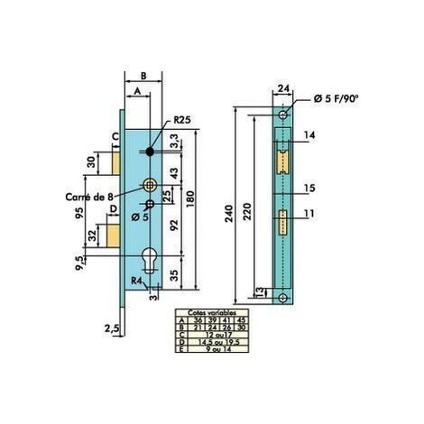 Riegelschloss 1/2-tourig 780/ 36 mm Kasten 92MTX 1-Punkt METALUX - ohne ...