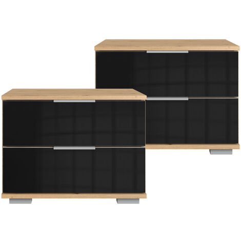 Schlafzimmer 2er Set Nachttisch Nachtschrank in Artisan Eiche Nb. mit schwarzem Glas ELSTRA-43 ...