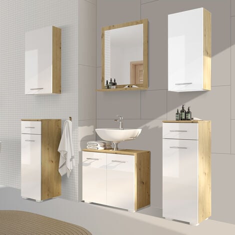Badezimmer komplett Set in Artisan Eiche Nb. mit weiß Hochglanz lackiert SEIA-107, B/H/T ca. 159 ...