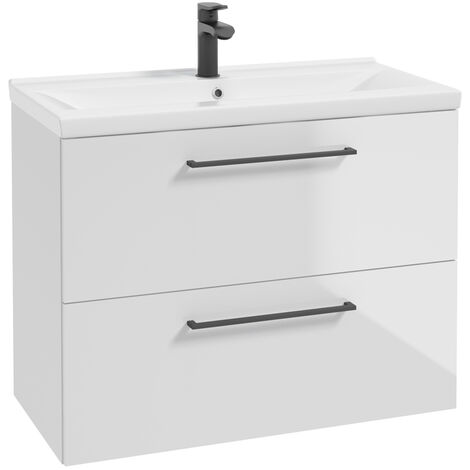 Waschtisch, 40 cm tief, in weiß Hochglanz lackiert mit Metallgriff in schwarz, 2 Schubladen und ...