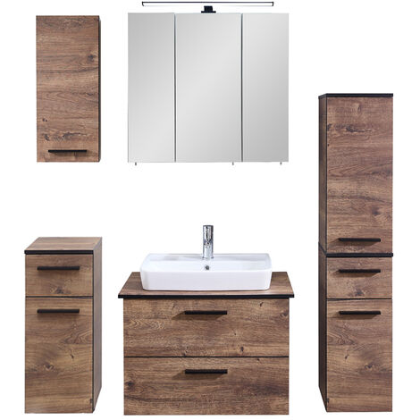 Badezimmer Komplett Set inkl. LED Beleuchtung MURCIA-66 in Eiche Ribbeck quer Nb. mit schwarzen ...