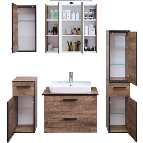 Badezimmer Komplett Set inkl. LED Beleuchtung MURCIA-66 in Eiche Ribbeck quer Nb. mit schwarzen ...