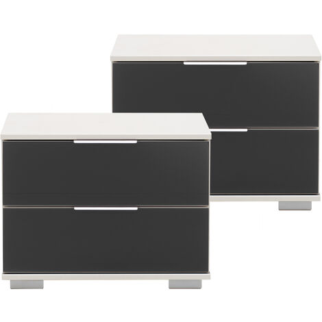 Schlafzimmer 2er Set Nachttisch Nachtschrank in weiß mit grauem Glas ELSTRA-43, B/H/T ca. 52/40 ...