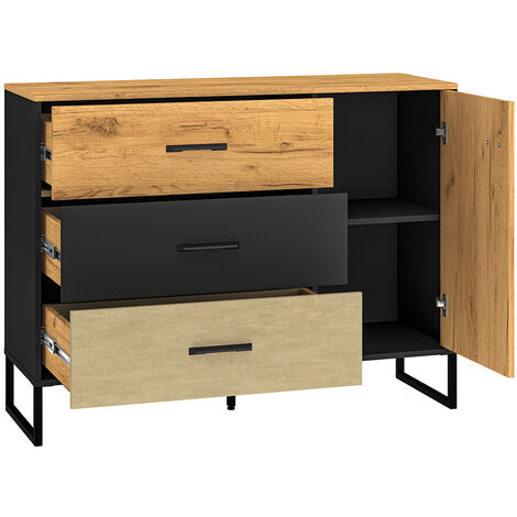 Sideboard 120cm, schwarz mit Eiche und sandfarben, CASPER-131