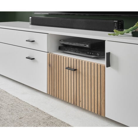 Lowboard 200 cm breit weiß matt mit Eiche Rillen Design HUNTER-61