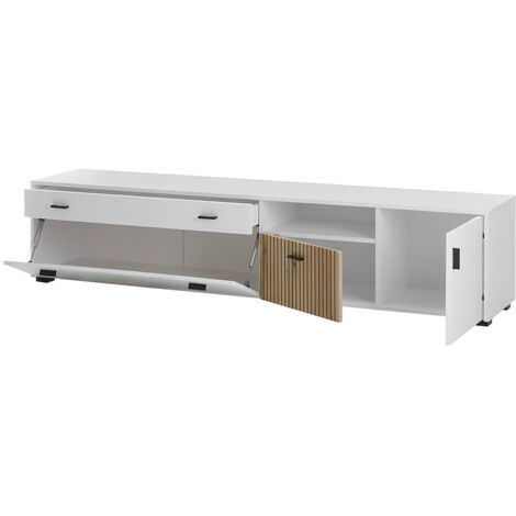 Lowboard 200 cm breit weiß matt mit Eiche Rillen Design HUNTER-61