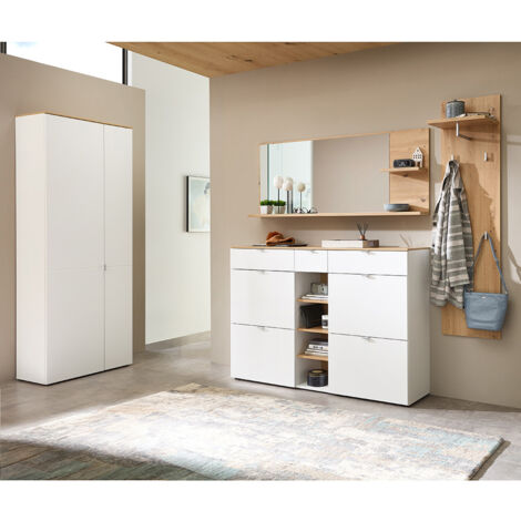 Flurgarderobe 4-teilig mit Flurschrank weiß matt mit Eiche BLISS-36