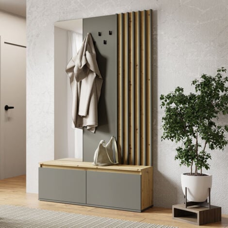 Garderobe mit Bank und Paneel in Eiche mit graphit, Lamellen Design ...