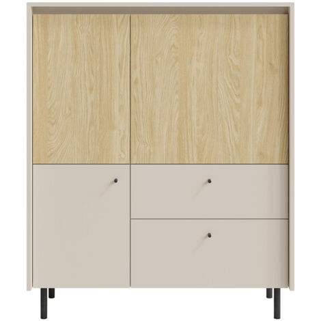 Wohnzimmer-Highboard 104 cm breit, in beige mit Eiche, modern, 3-türig ...