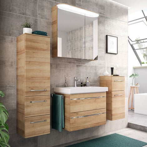 Badmöbel Komplett Set, weiß Glanz, 4-teilig inkl. Beleuchtung und Waschbecken, Riviera Eiche ...