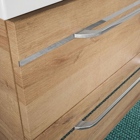 Badezimmer Set, Waschtisch mit Spiegelschrank und Midischrank, LED Beleuchtung, Riviera Eiche ...
