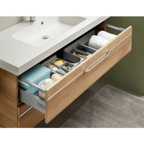 Badezimmer Komplett Set in Riviera Eiche quer Nb., inkl. Beleuchtung und Waschbecken, BUDVA-66 ...