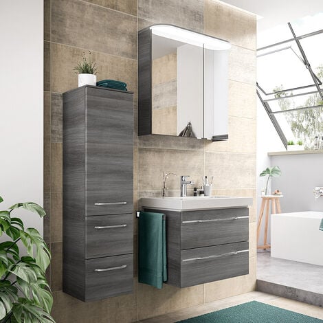 Badezimmer Set, Waschtisch mit Spiegelschrank und Midischrank, LED Beleuchtung, Graphit Struktur ...