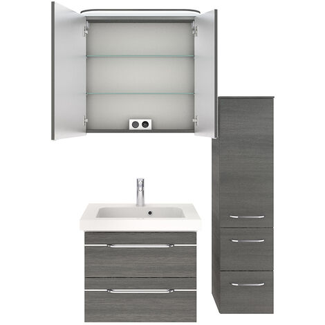 Badezimmer Set, Waschtisch mit Spiegelschrank und Midischrank, LED Beleuchtung, Graphit Struktur ...