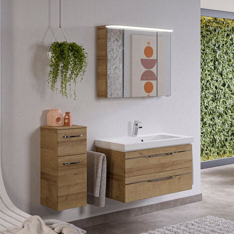 Badezimmermöbel Set, Spiegelschrank mit Beleuchtung, Waschtisch inkl. Waschbecken, Badkommode ...