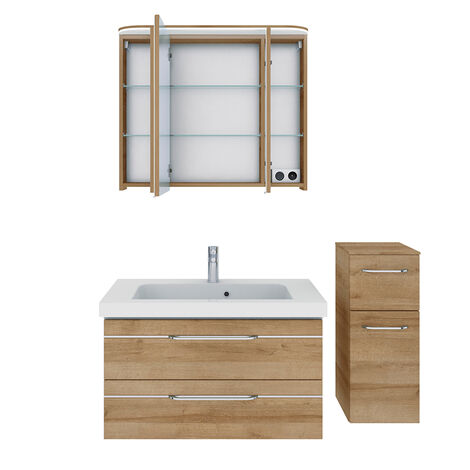 Badezimmermöbel Set, Spiegelschrank mit Beleuchtung, Waschtisch inkl. Waschbecken, Badkommode ...