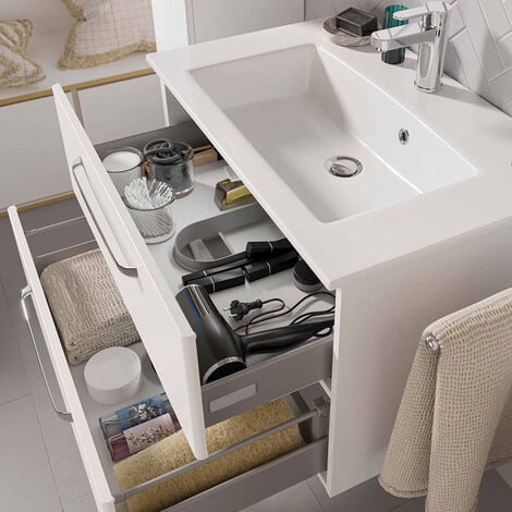 Badezimmer Komplett Set mit Waschbecken aus Mineralmarmor TRENTO-66 in weiß Glanz, B/H/T: ca ...