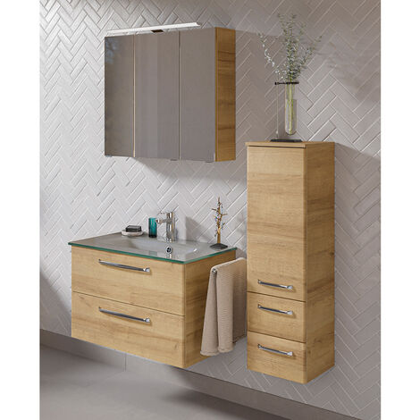 Badezimmer Set mit LED Beleuchtung und Glaswaschbecken TRENTO-66 in Riviera Eiche Nb., B/H/T: ca ...