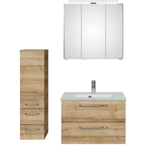 Badezimmer Set mit LED Beleuchtung und Glaswaschbecken TRENTO-66 in Riviera Eiche Nb., B/H/T: ca ...