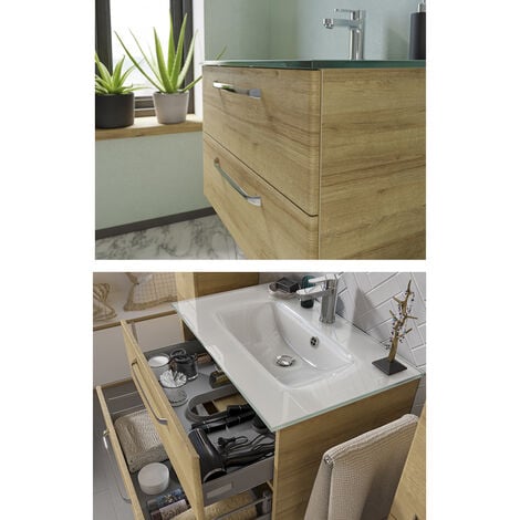 Badezimmer Set mit LED Beleuchtung und Glaswaschbecken TRENTO-66 in Riviera Eiche Nb., B/H/T: ca ...