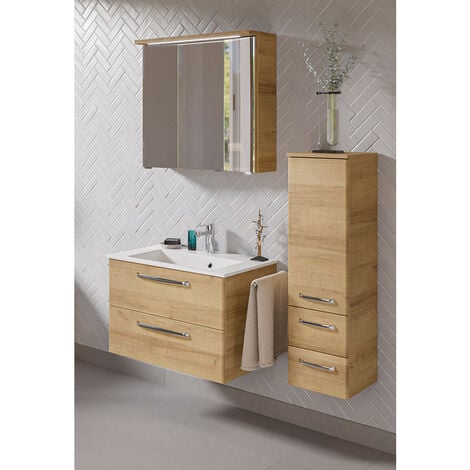 Badezimmer Set inkl. LED Beleuchtung TRENTO-66 in Riviera Eiche Nb., B/H/T: ca. 122/200/50 cm