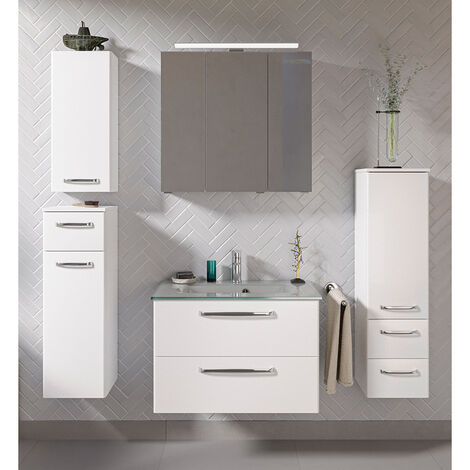 Badezimmer Komplett Set mit Glaswaschbecken TRENTO-66 in weiß Glanz, B/H/T: ca. 167/200/50 cm