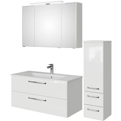 Badezimmer Set inkl. LED Beleuchtung und Mineralmarmor Waschbecken TRENTO-66 in weiß Glanz, B/H ...