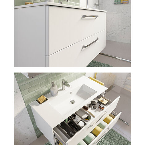 Badezimmer Set inkl. LED Beleuchtung und Mineralmarmor Waschbecken TRENTO-66 in weiß Glanz, B/H ...