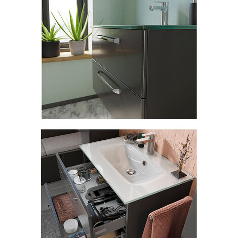Badezimmer Set mit Glaswaschbecken TRENTO-66 in anthrazit Glanz, B/H/T: ca. 167/200/50 cm