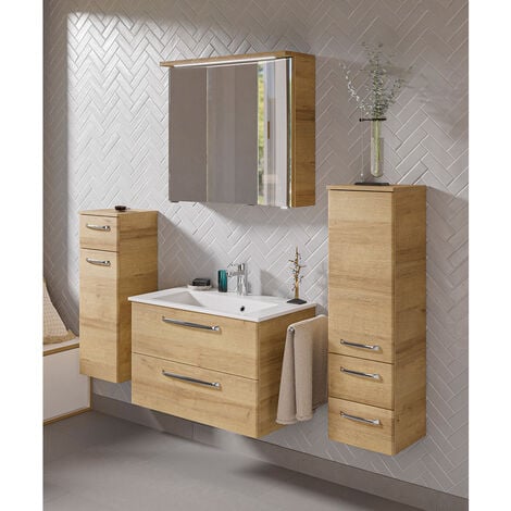 Badmöbel Set mit LED Beleuchtung und Mineralmarmor Waschbecken TRENTO-66 in Riviera Eiche Nb., B ...